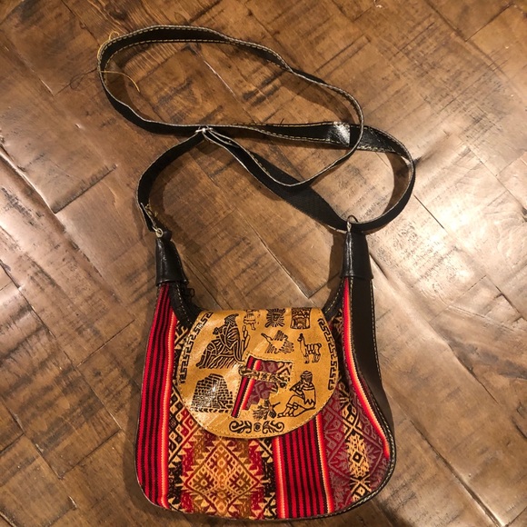 Other | Peruvian Hand Made Black Leather Purse Multicolor Incan Culture ...